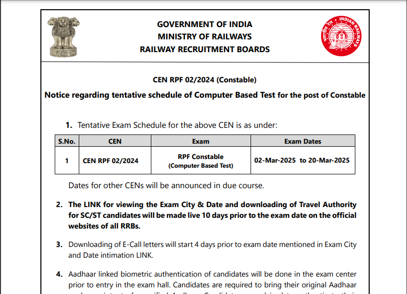 RRB RPF Constable 2024 tentative CBT exam dates released: Check ...