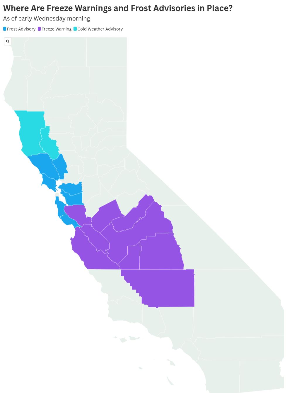 California Freeze Map Shows Counties Hit With Hypothermia Warning