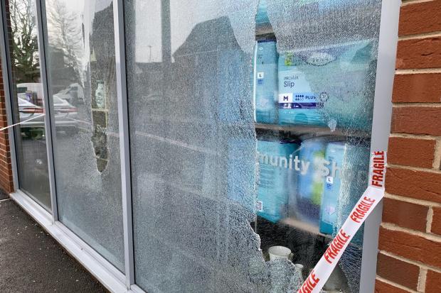 Crime scene at shop as front smashed in rampage leaving 'blood on windows'