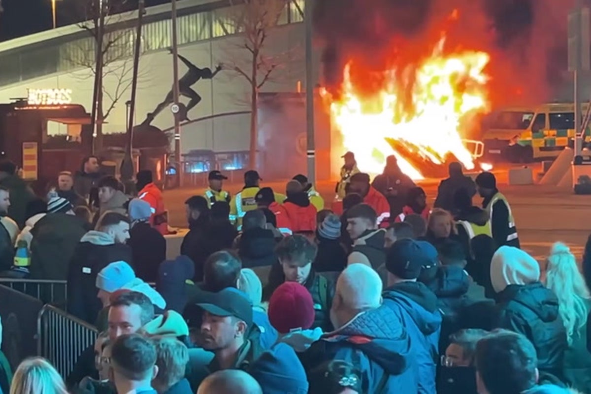 Video: Fire engulfs kiosk outside Etihad Stadium ahead of Man City's ...