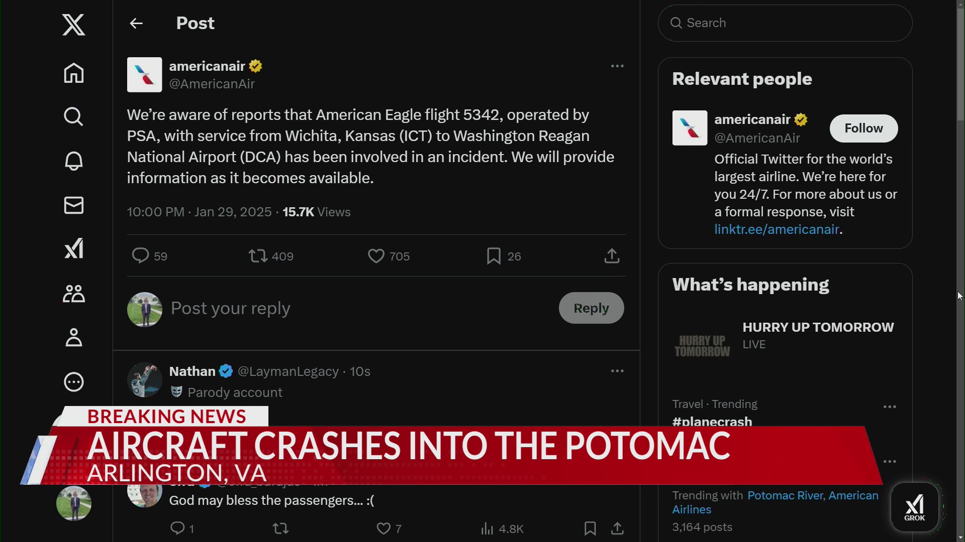 American Airlines releases statement regarding aircraft crash near DCA