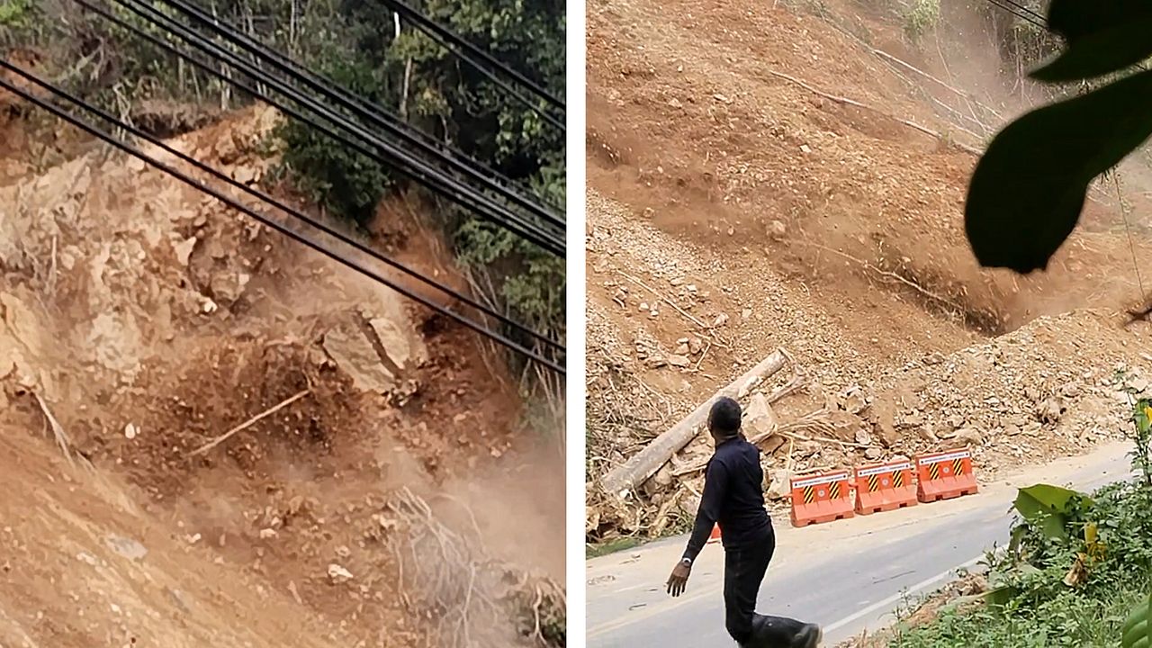 Landslide collapses onto road mere feet away from drivers in Thailand