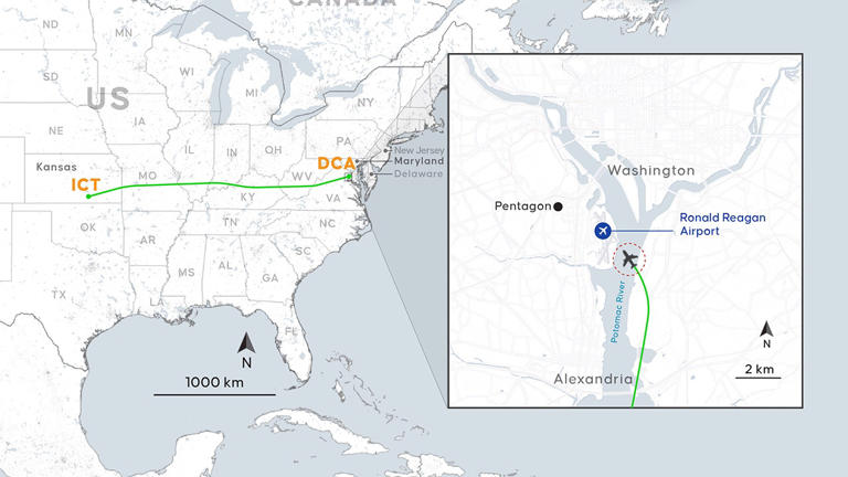 Maps show flight path, collision site of DC plane crash