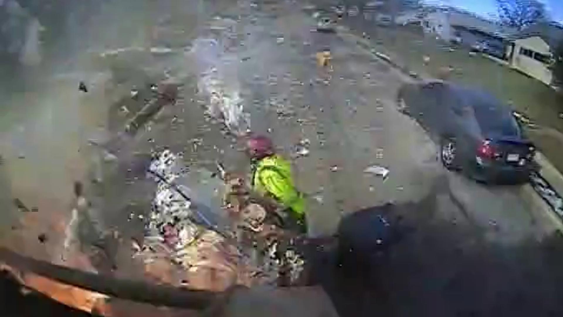 Video shows oxygen tank explode inside garbage truck
