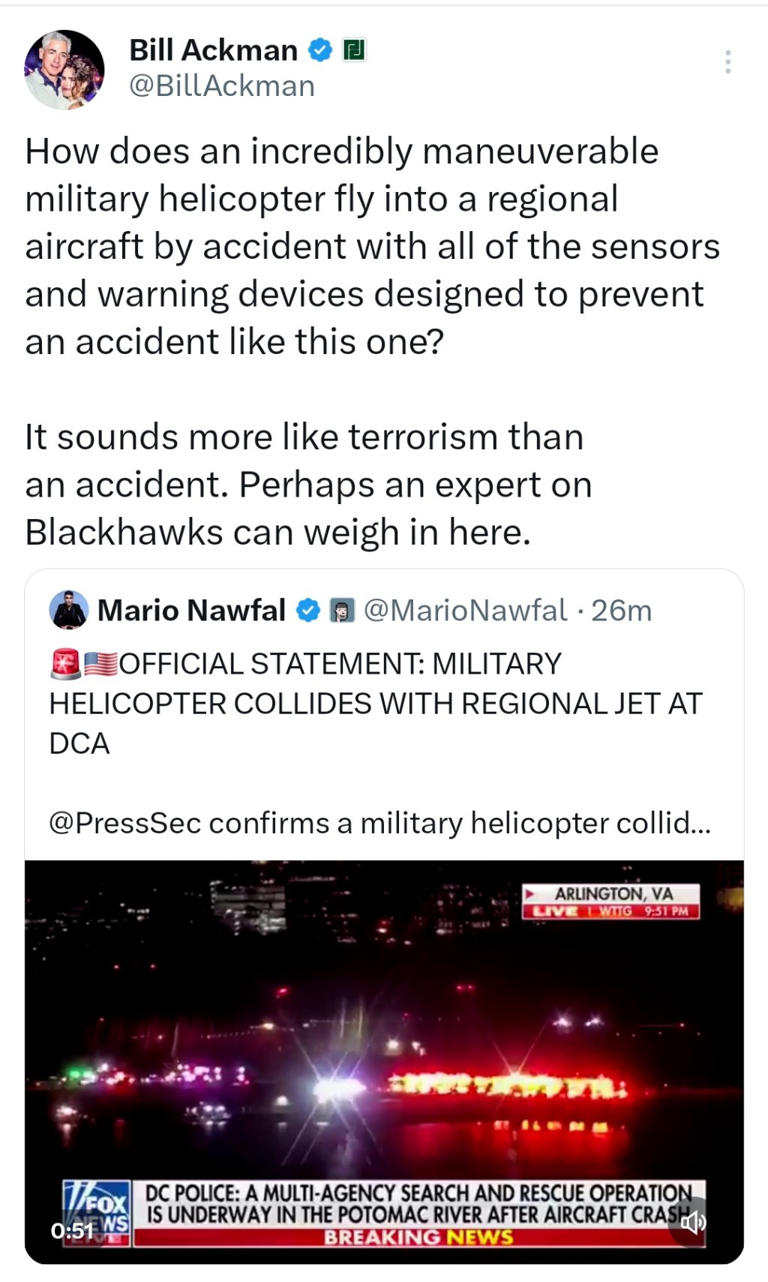 Bill Ackman deletes post floating DC plane crash conspiracy theory