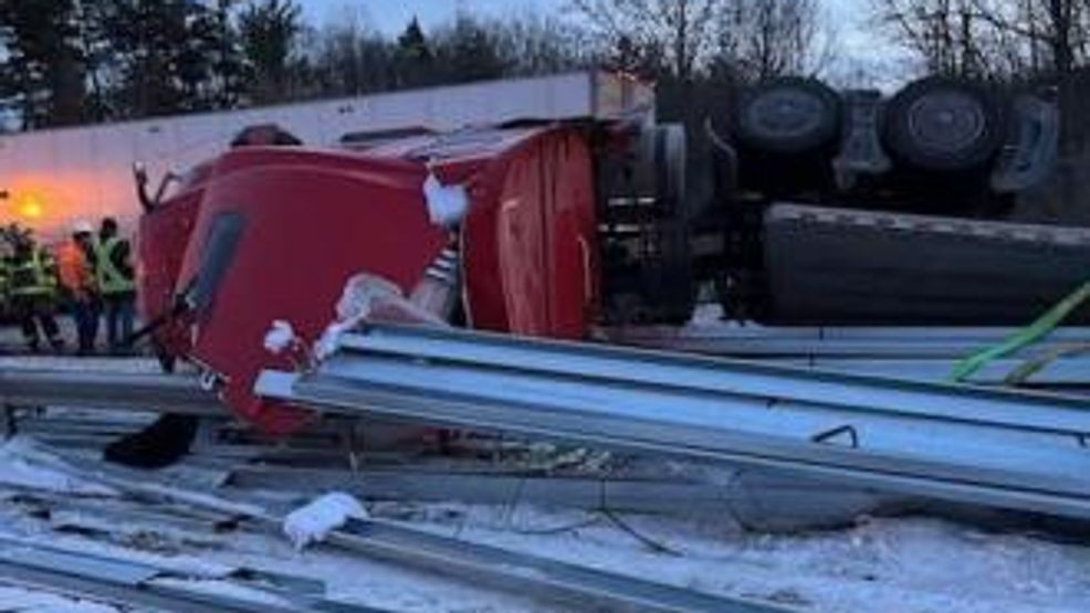 Tractor-trailer rollover on Thruway sends two to hospital