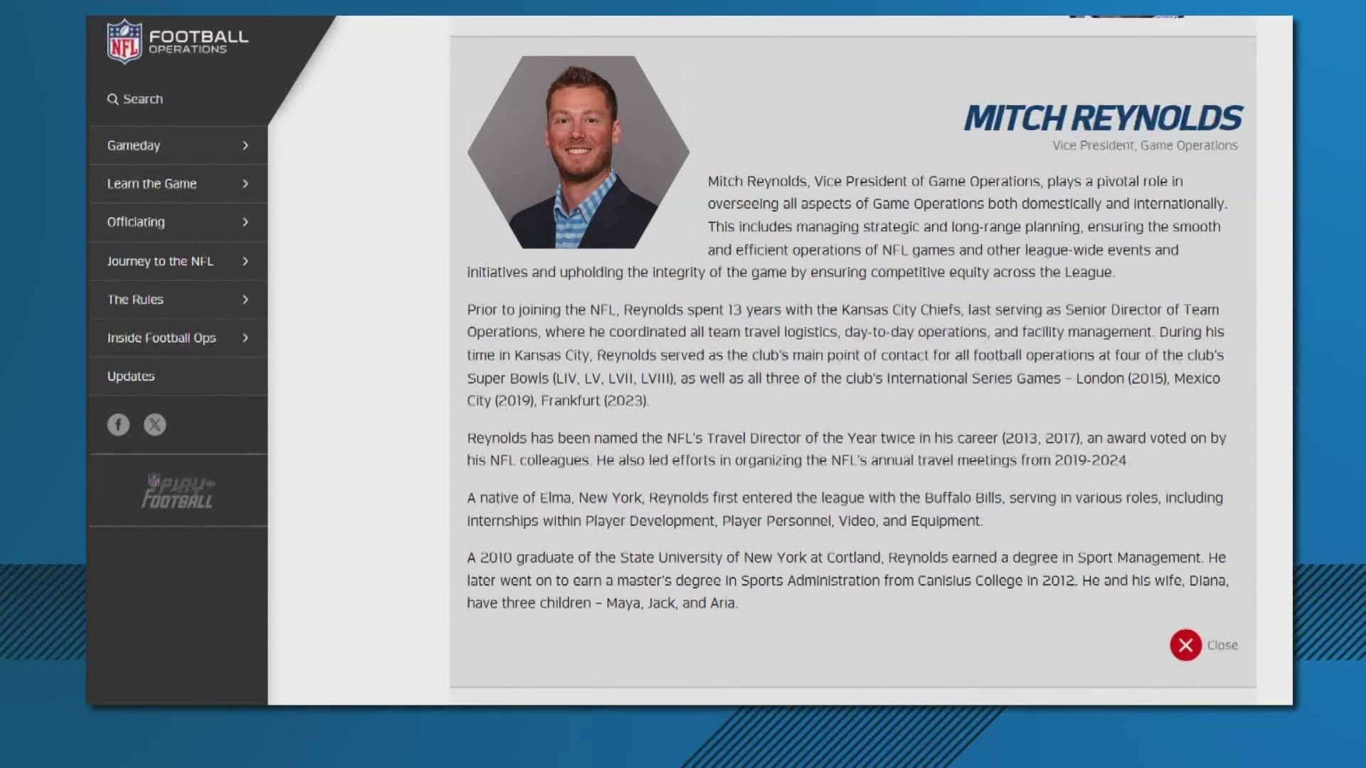 Super Bowl NFL manager with WNY Roots