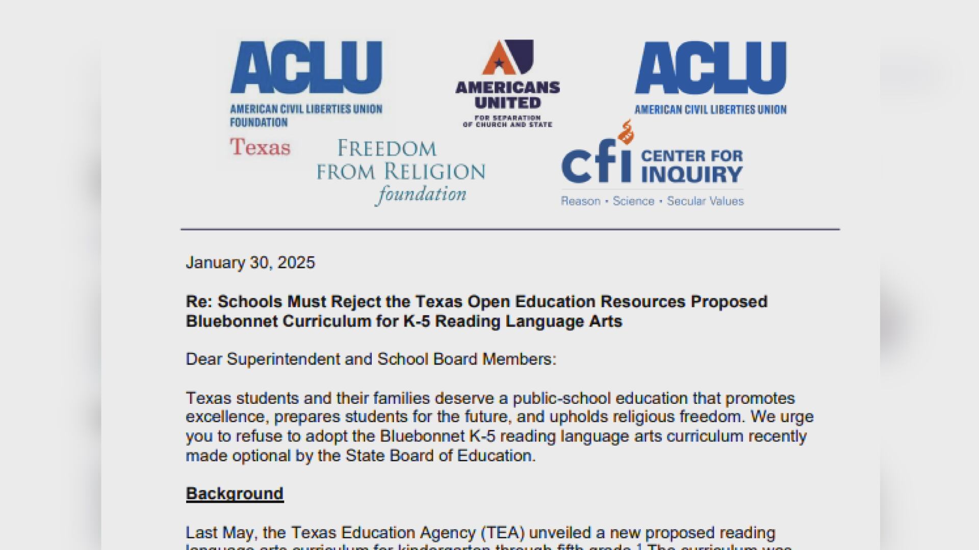 ACLU warns public schools about Bluebonnet Learning K – 5 curriculums