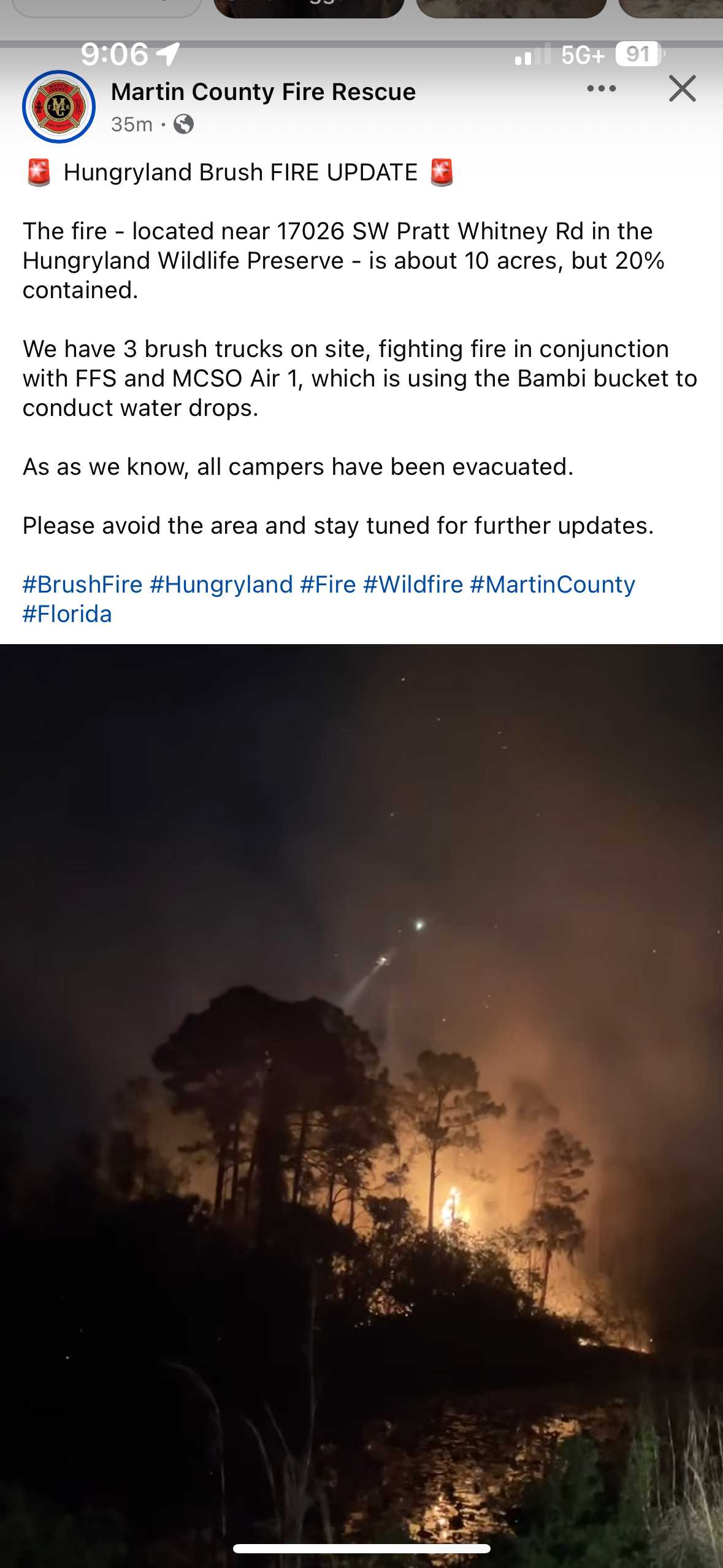 Martin County Fire Rescue battling 10-acre brush fire