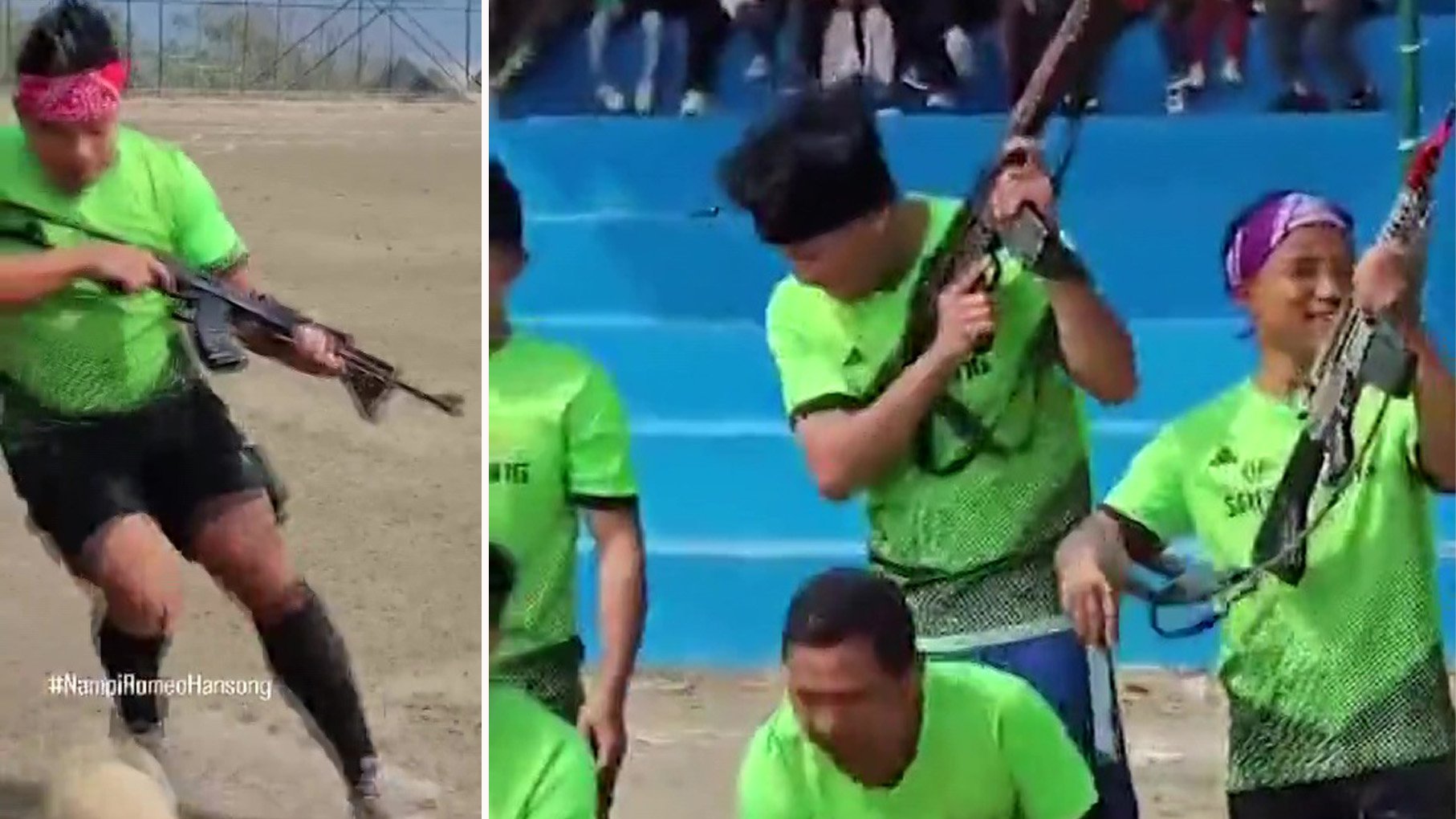 Men play football carrying assault rifles in strange tournament warmup