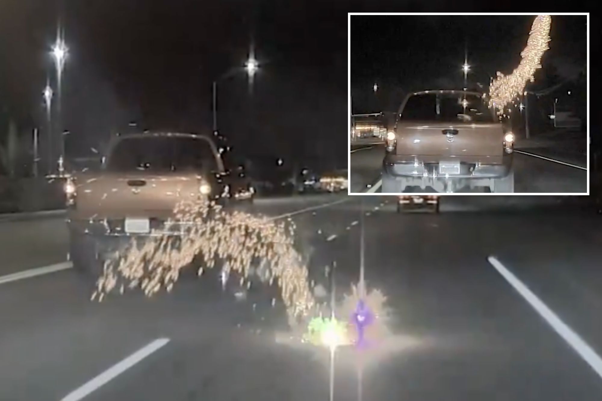Passenger shoots fireworks at car in apparent road rage incident caught ...