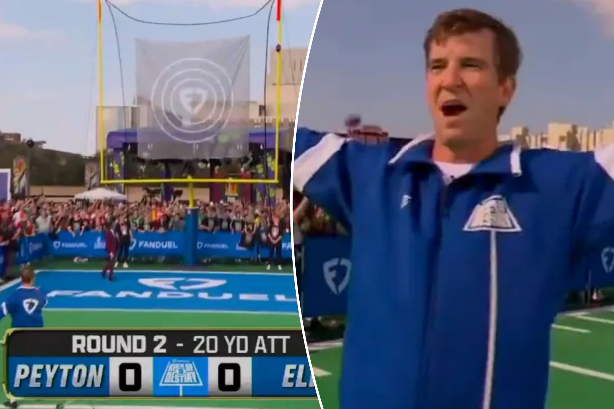 Eli Manning defeats brother Peyton in FanDuel Kick of Destiny at Super ...