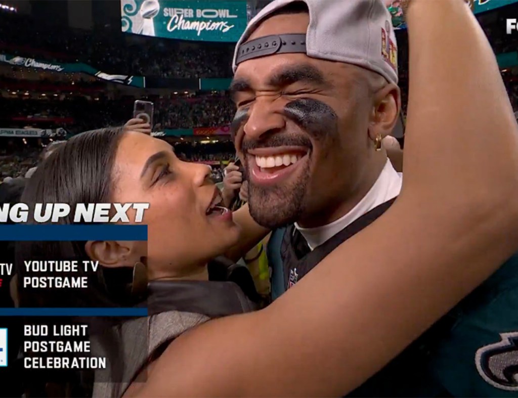 Jalen Hurts kisses fiancée Bry Burrows after Eagles win Super Bowl 2025