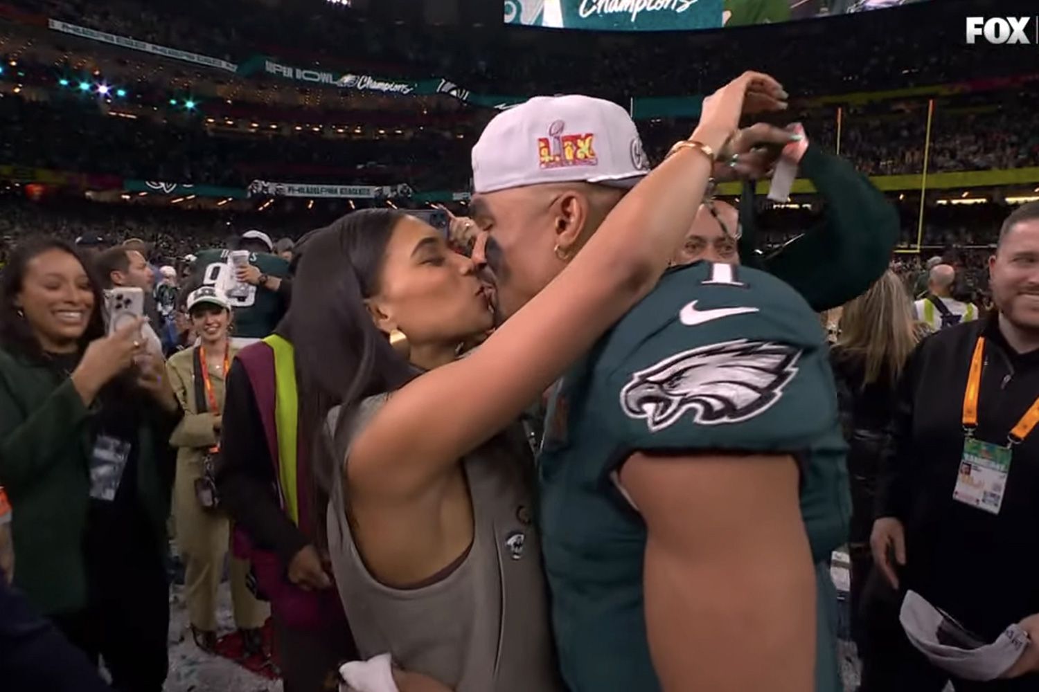 Jalen Hurts and Fiancée Bry Burrows Kiss on Field After He's Named 2025 ...