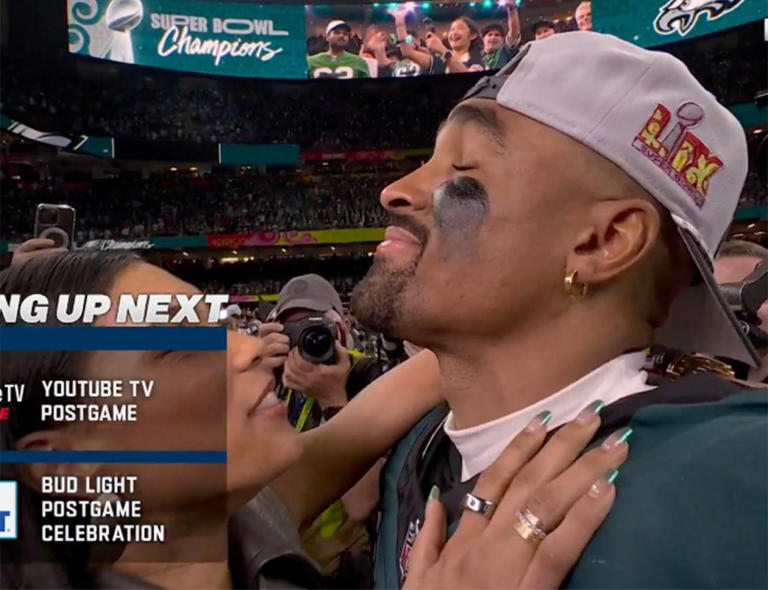 Jalen Hurts kisses fiancée Bry Burrows after Eagles win Super Bowl 2025