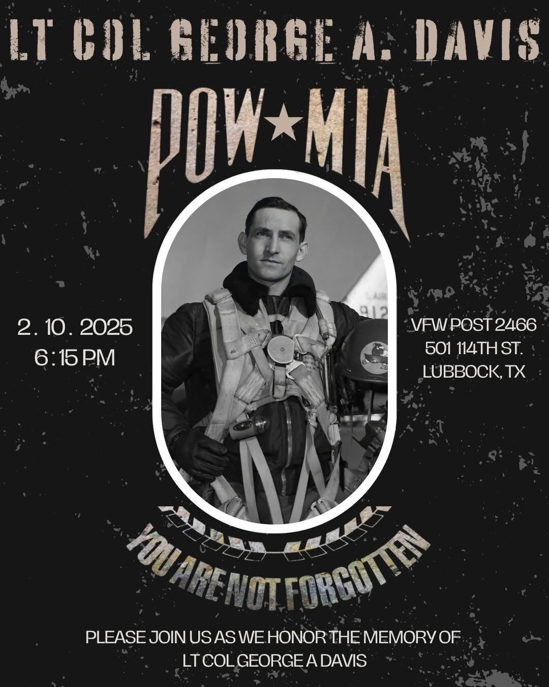 Lubbock VFW to hold memorial service for Lt. Col. George Andrew Davis Jr. on Monday