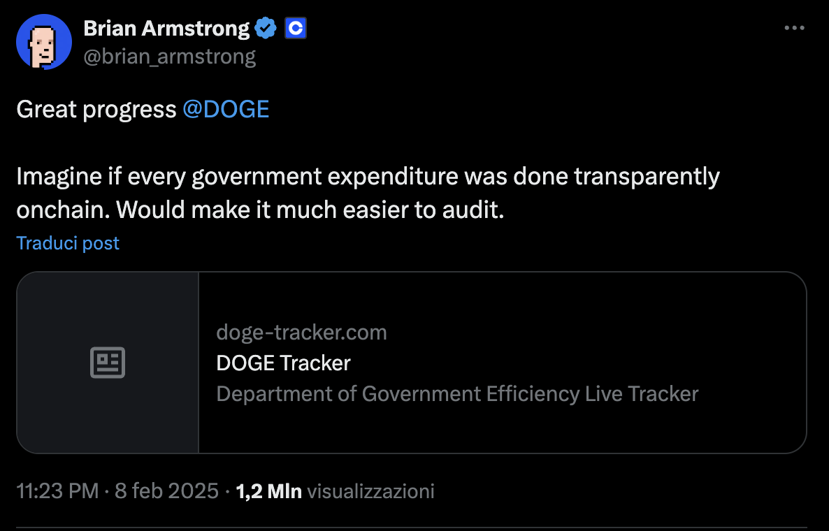 Coinbase: il CEO propone la Blockchain per facilitare il lavoro del DOGE