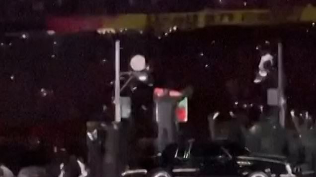Protester holds Palestinian and Sudanese flags on stage during Super ...