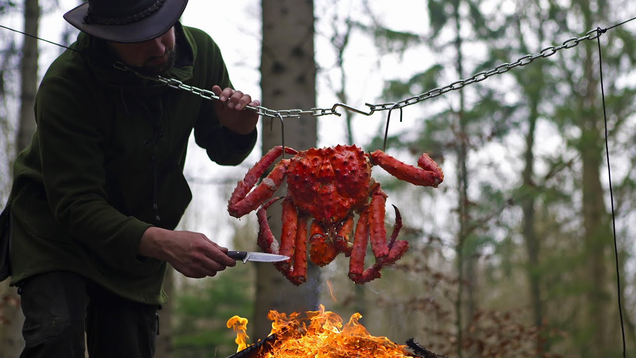 Cooking a Giant King Crab Over Fire – ASMR Outdoor Experience 🔥🦀