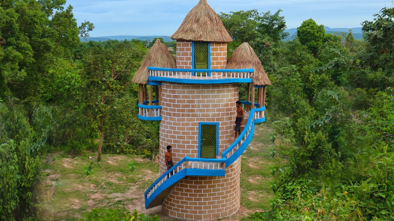 Building a creative and modern 4-story mud villa house in the forest