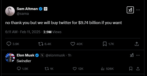 머스크 "141조에 오픈AI 살게"…올트먼 "14조에 트위터 넘겨"