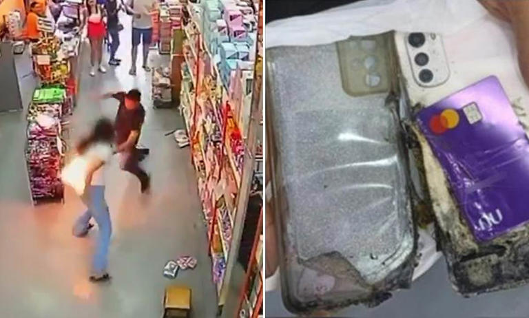 Terrifying moment cellphone EXPLODES in woman's pocket