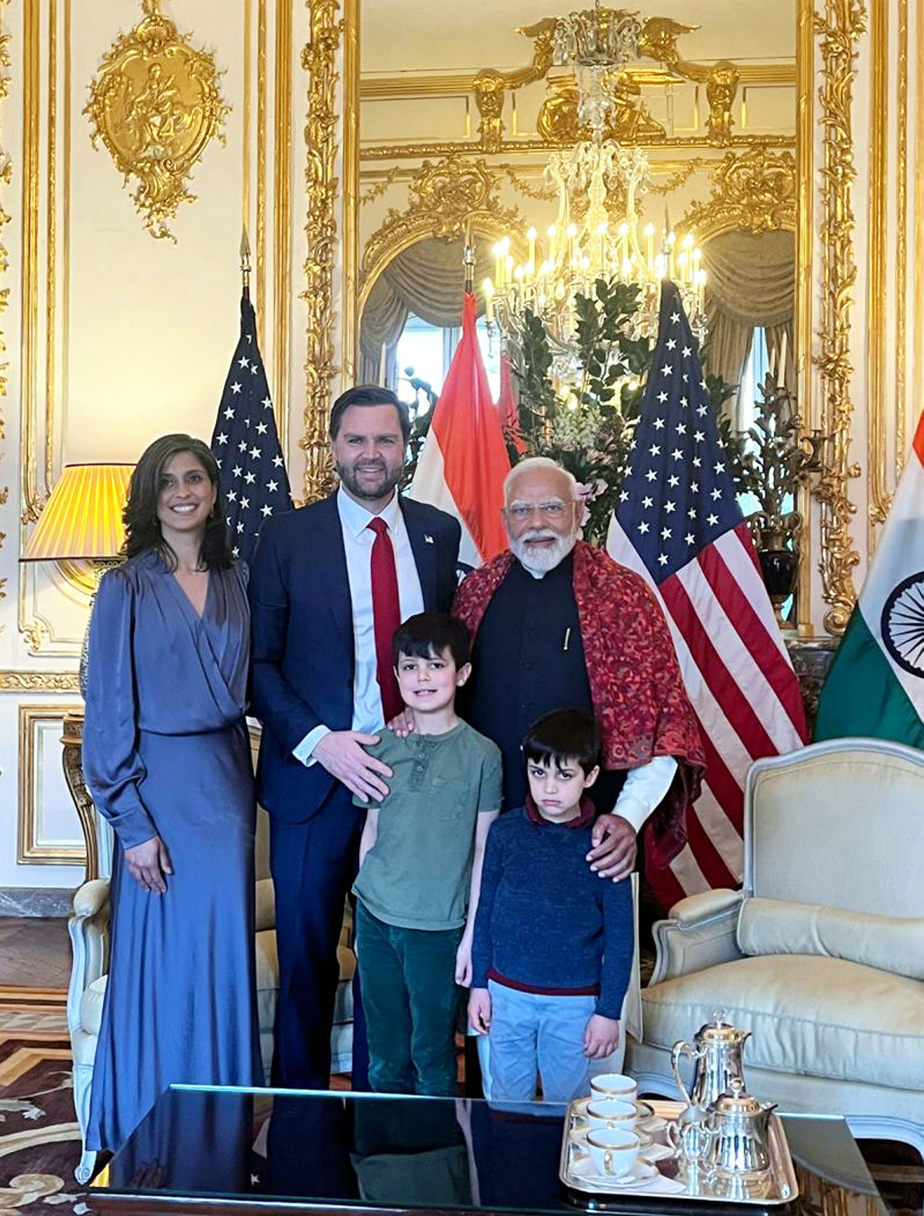 PM Modi meets US Vice President Vance, wife Usha and their kids in Paris