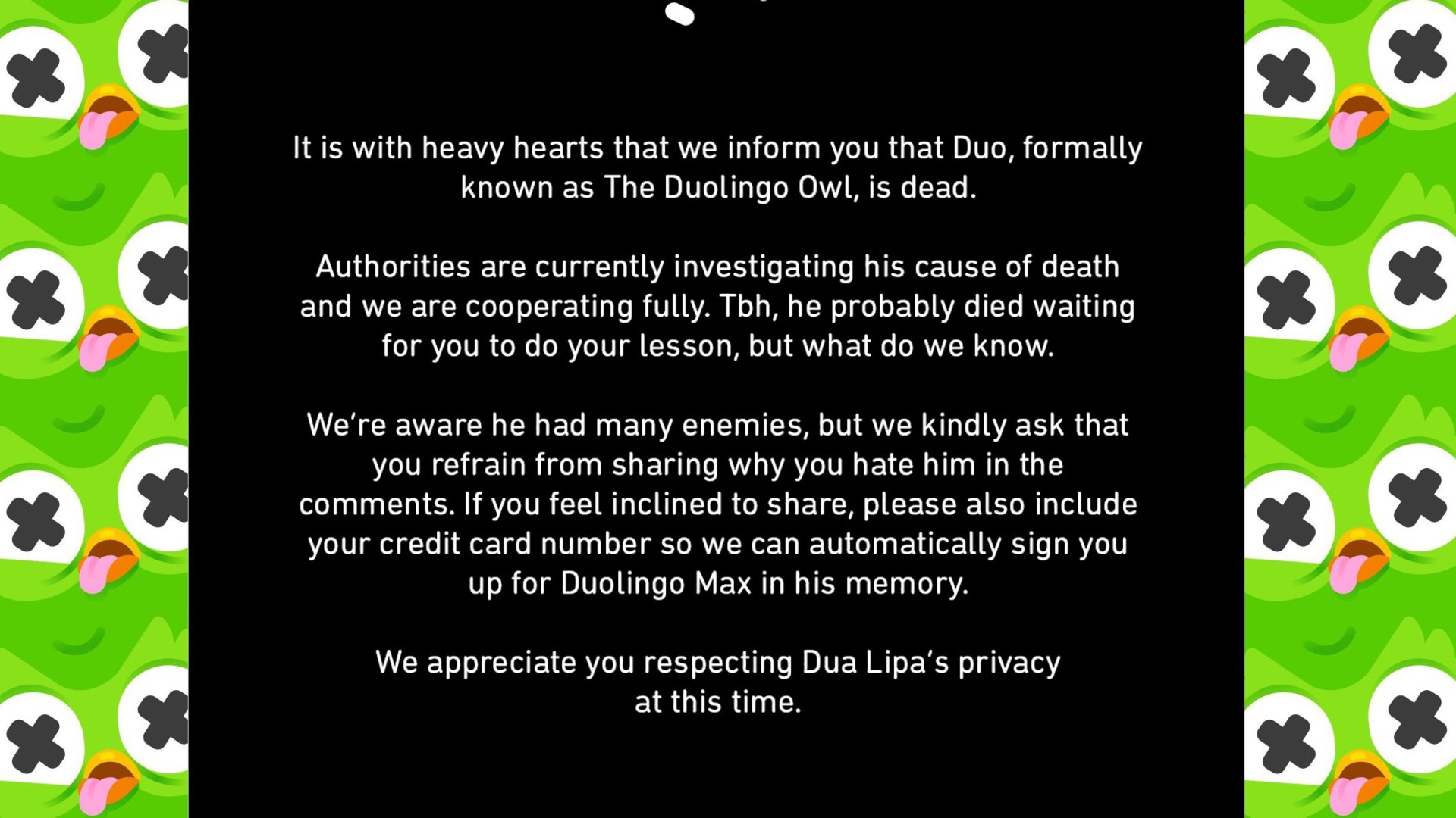 Is the Duolingo owl dead? Dua Lipa responds to app's bizarre statement