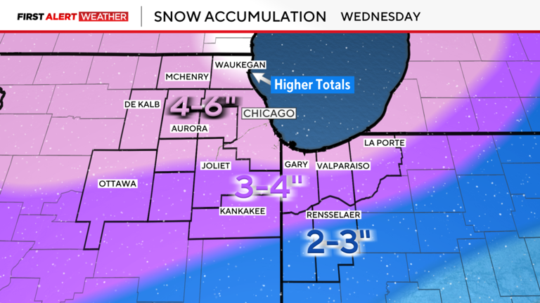 Map shows where winter storm may bring Chicago its biggest snow totals of the season so far