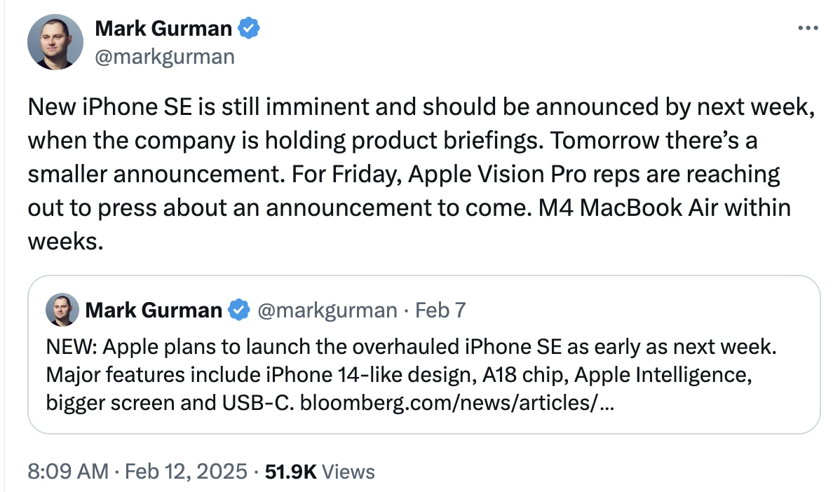 iPhone SE 4 now expected next week, M4 MacBook Air launch within weeks