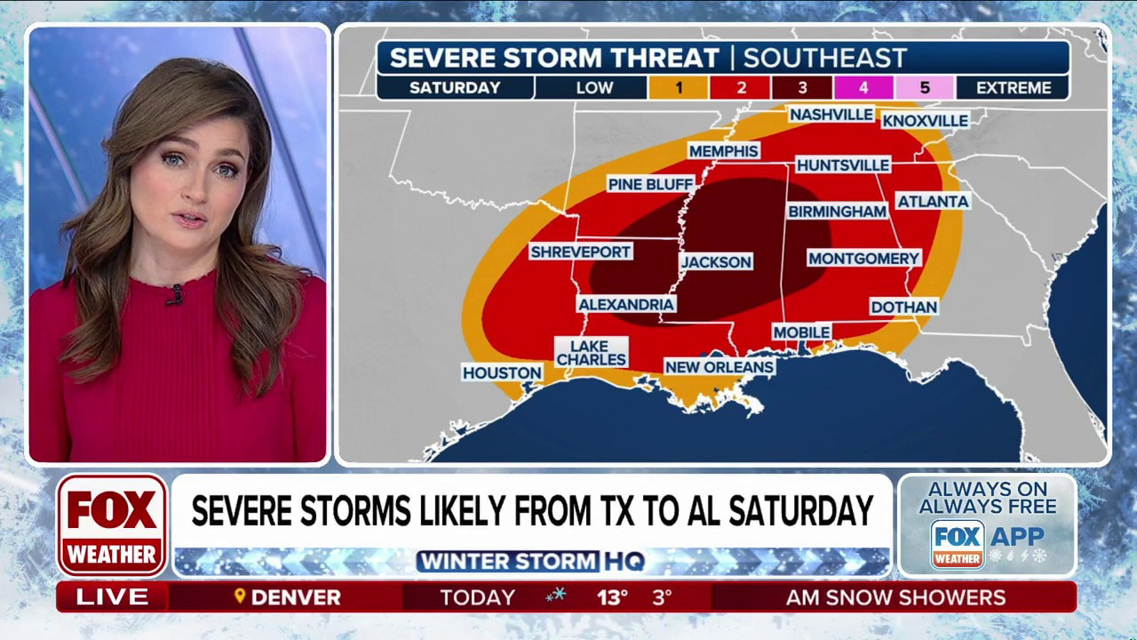 Severe storms likely from Texas to Alabama on Saturday Severe storms likely from Texas to Alabama on Saturday