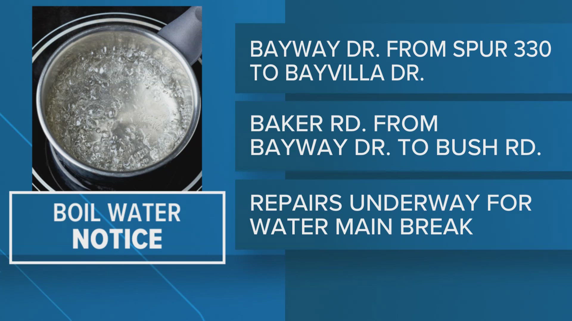 Baytown under boil water alert due to water main break on Bayway Drive