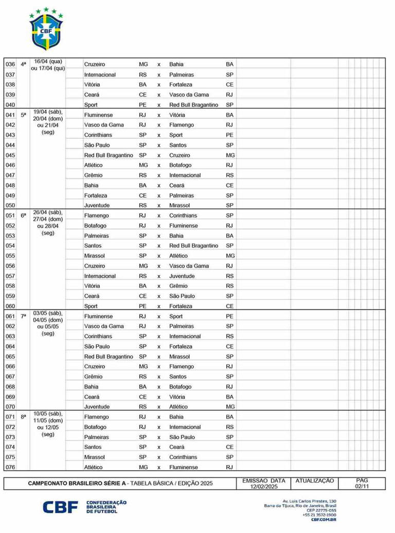 CBF divulga tabela básica do Brasileirão 2025; veja jogos das 38 rodadas