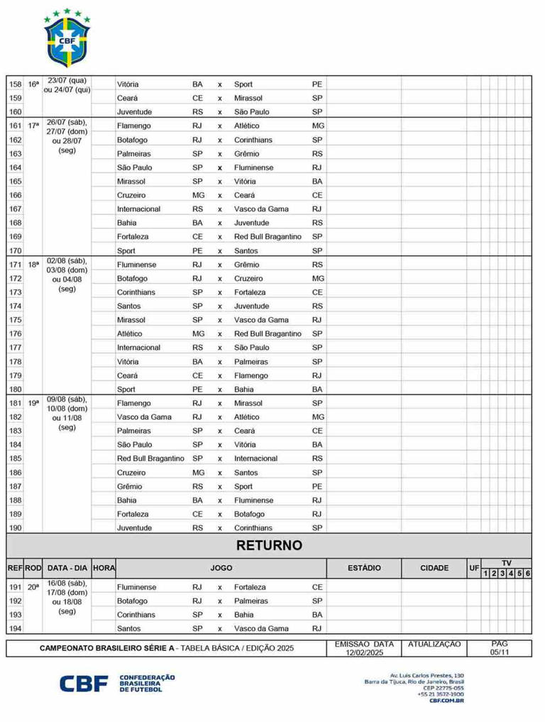 CBF divulga tabela básica do Brasileirão 2025; veja jogos das 38 rodadas