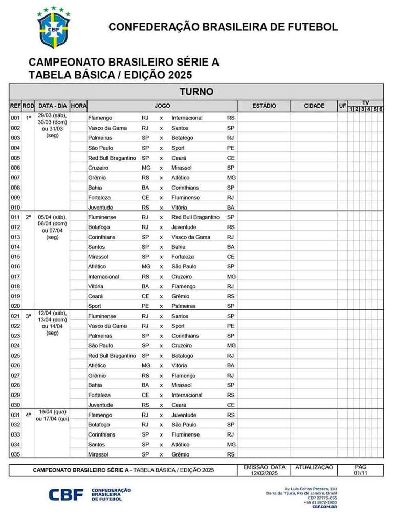 CBF divulga tabela básica do Brasileirão 2025; veja jogos das 38 rodadas