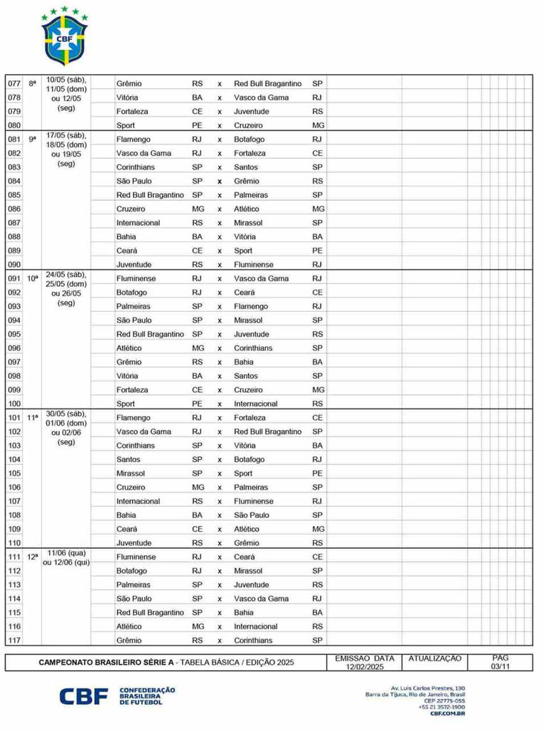 CBF divulga tabela básica do Brasileirão 2025; veja jogos das 38 rodadas