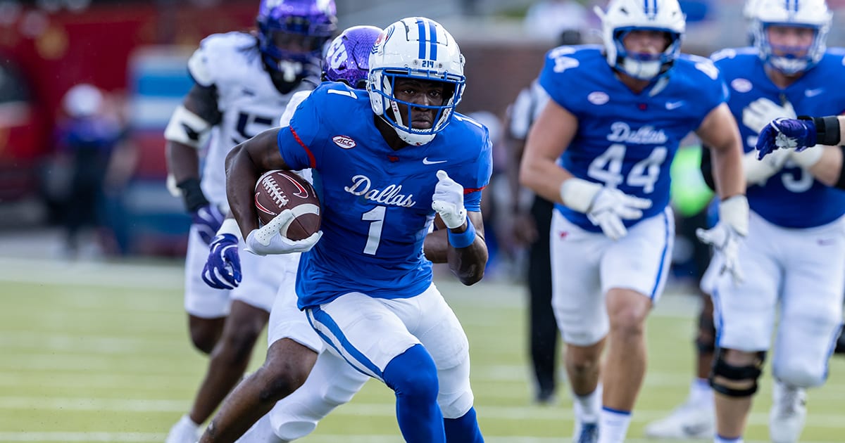 Elijah Roberts, Brashard Smith, Jared Harrison-Hunte representing SMU ...