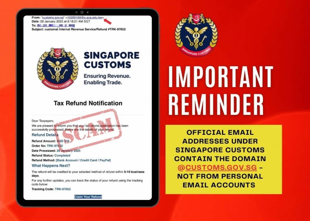 Singapore Customs sounds alarm on fake tax refund emails