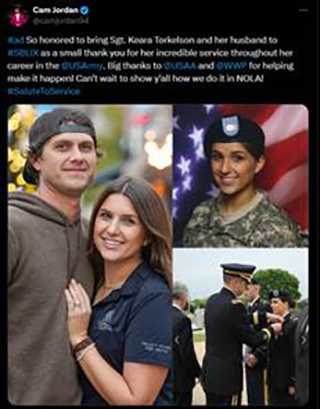 New Orleans Saints DE Cam Jordan gifting Purple Heart vet Super Bowl trip