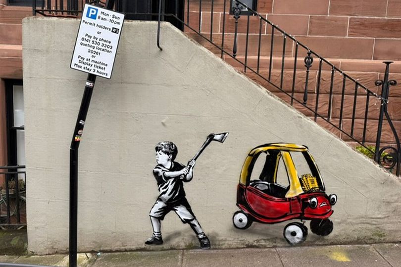 Glasgow 'Banksy' spotted in west end showing child knocking down ...