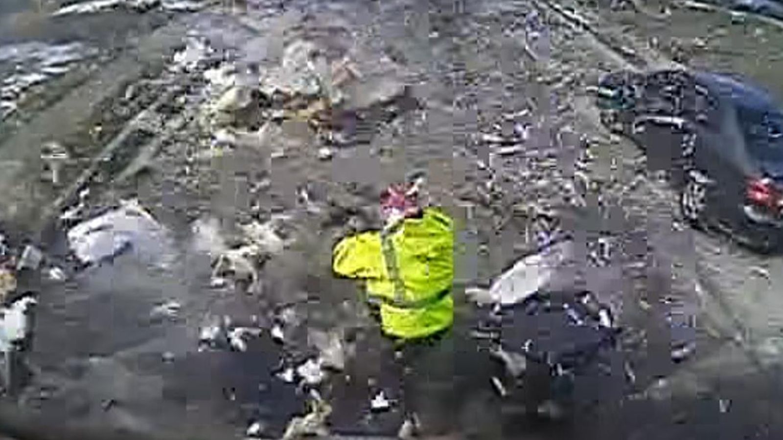 Moment oxygen tank explodes inside bin lorry