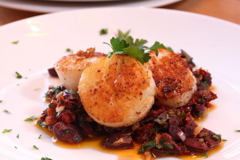 Seared Sea Scallops with Garlic Olive Compote