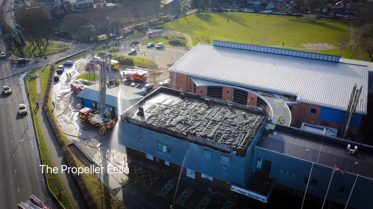 Drone footage shows aftermath of Maghull town hall destroyed by fire