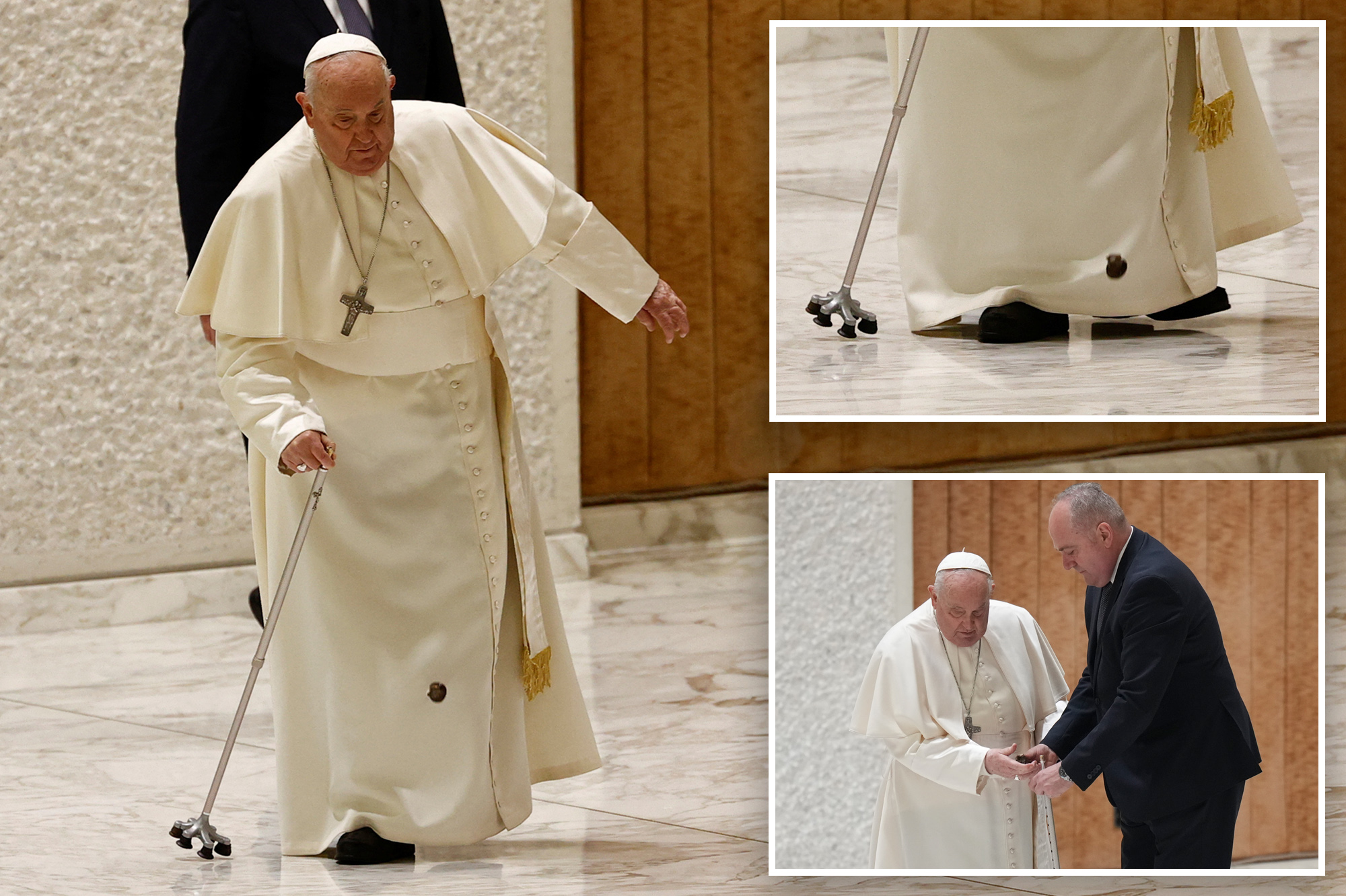 Pope Francis stumbles and nearly falls after walking stick handle snaps