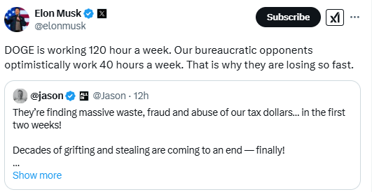 Elon Musk touts DOGE's 120-hour workweek vs US bureaucracy: 'Losing so ... Elon Musk touts DOGE's 120-hour workweek vs US bureaucracy: 'Losing so ...