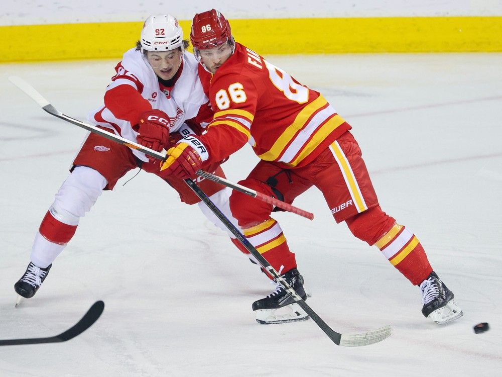Three takeaways as Red Wings spoil Flames debuts for Farabee, Frost