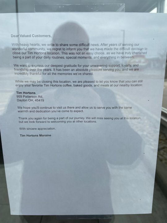 Moraine Tim Hortons cafe closed with door note