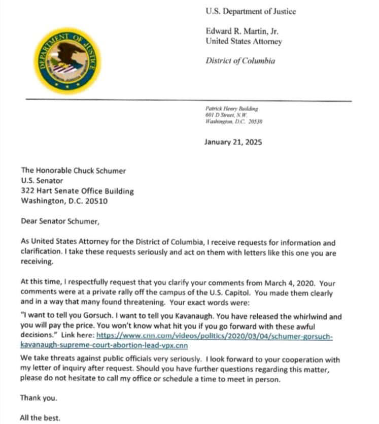DOJ Wants Sen. Chuck Schumer To “Clarify” Threatening Comments Aimed At ... DOJ Wants Sen. Chuck Schumer To “Clarify” Threatening Comments Aimed At ...
