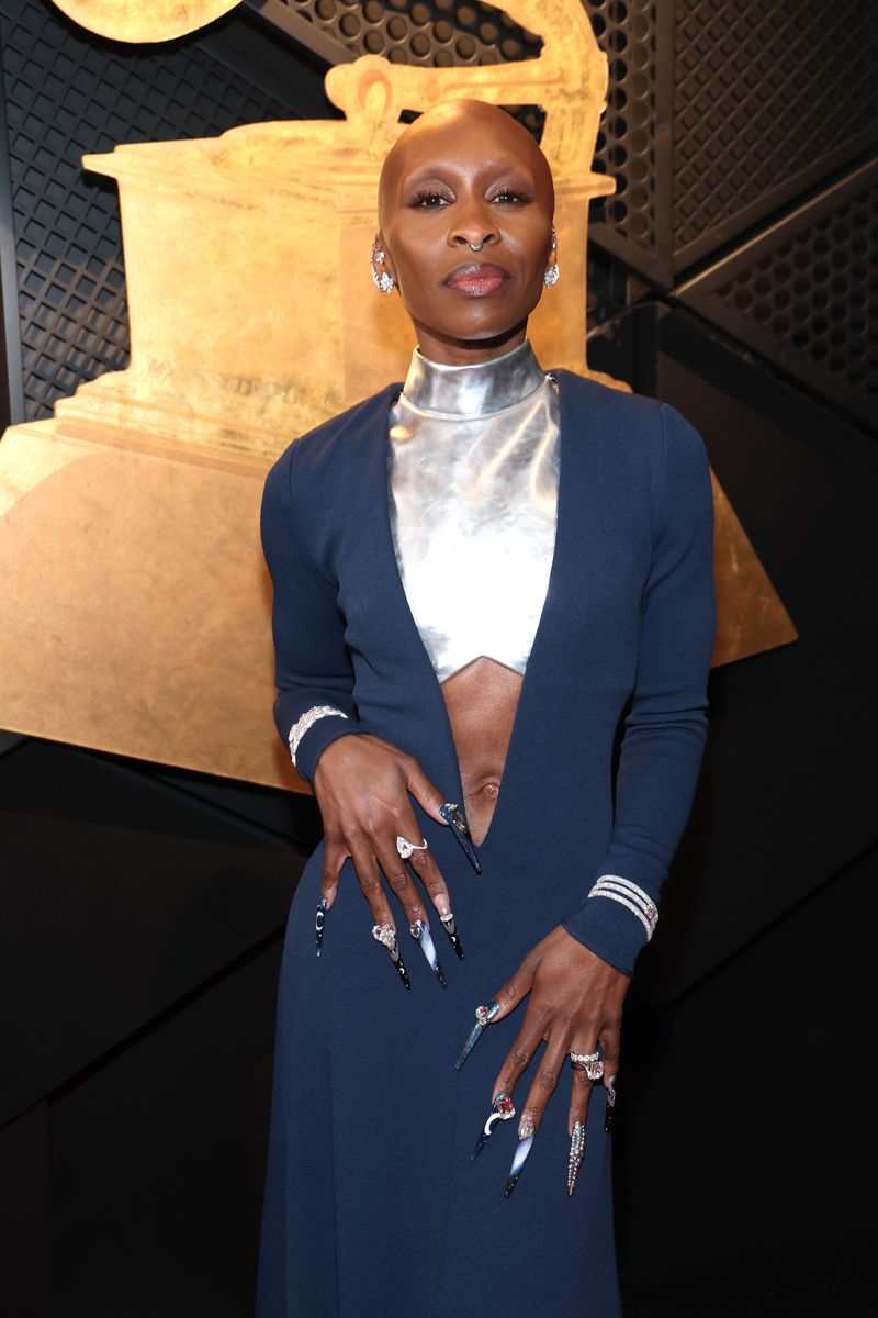 Cynthia Erivo Looks Elegant in a Navy Cut-Out Gown at the Grammys