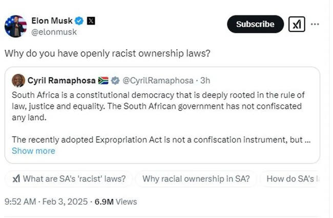 Elon Musk labels Expropriation Act as ‘openly racist ownership laws’